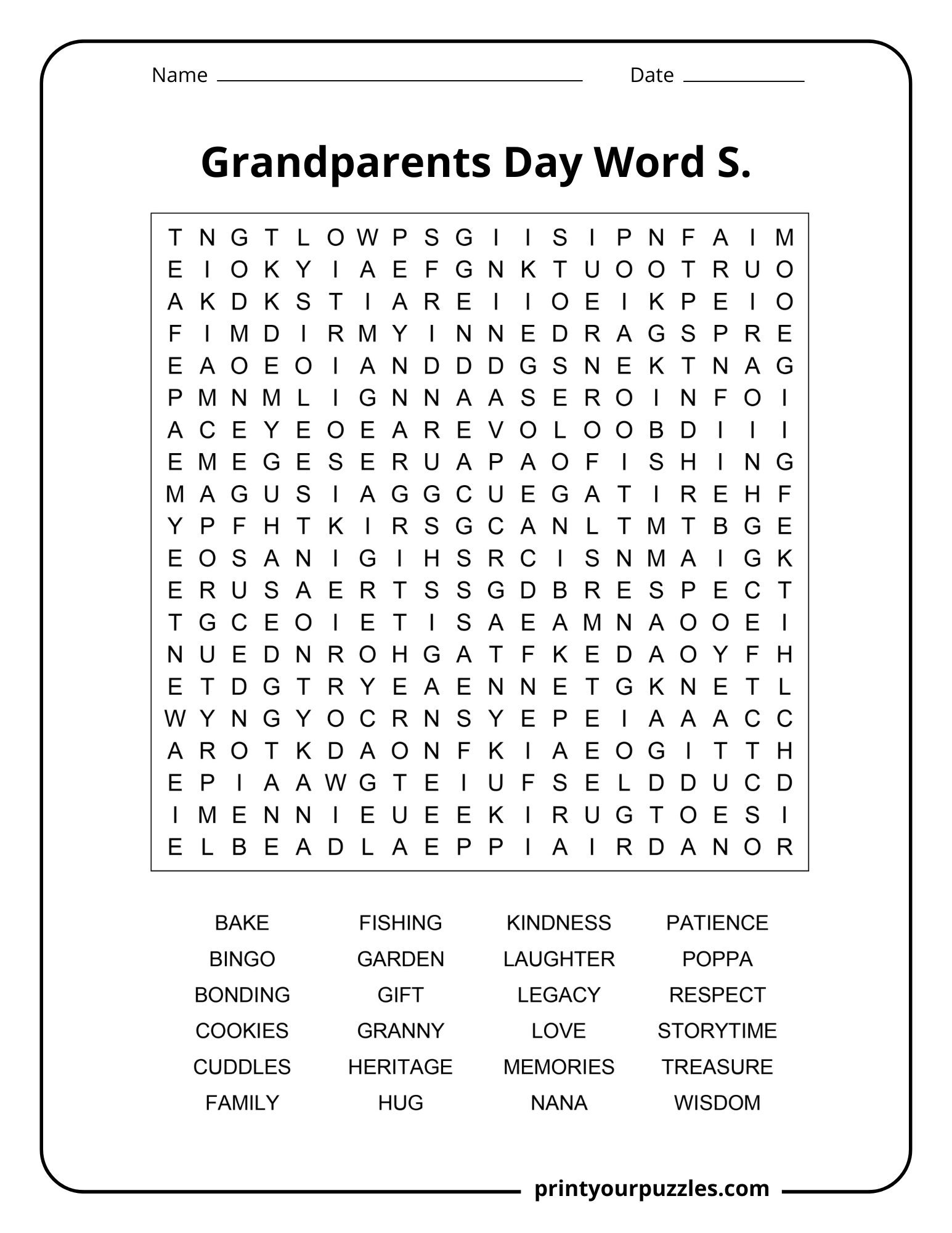 Grandparents Day Word Search | Print Your Puzzles