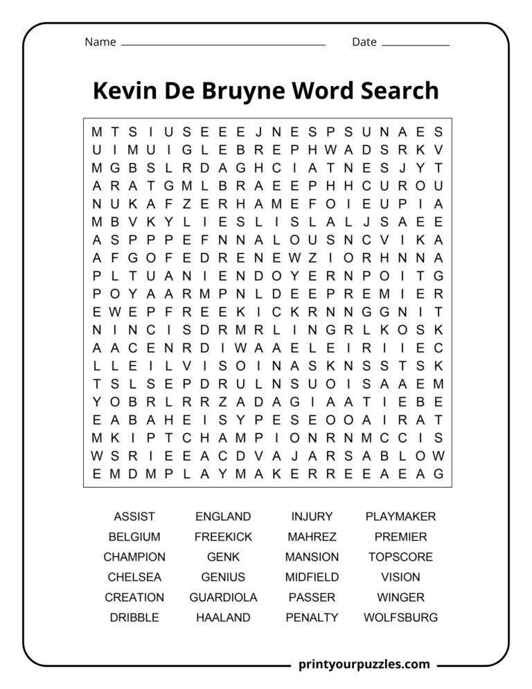 Kevin De Bruyne Word Search | Print Your Puzzles