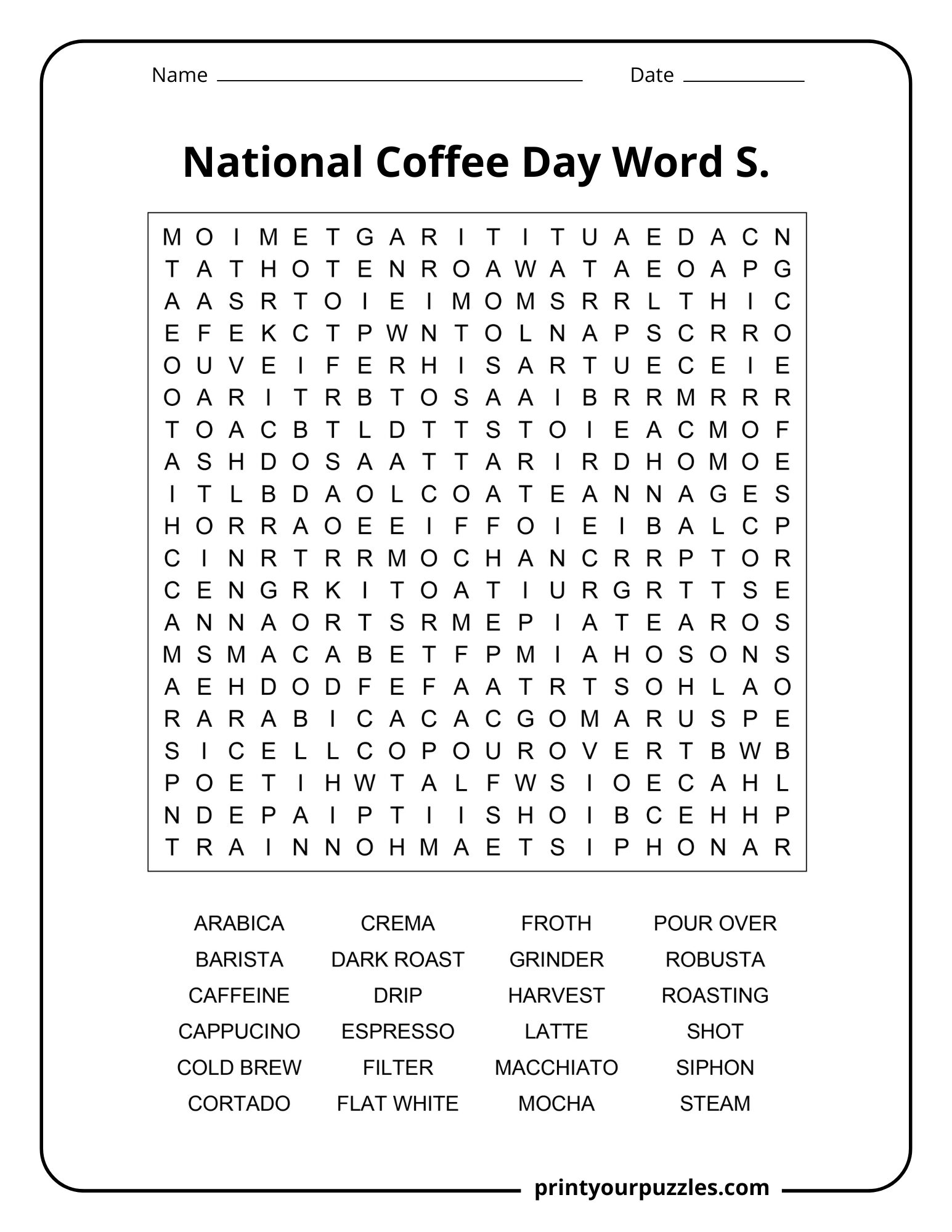 National Coffee Day Word Search | Print Your Puzzles