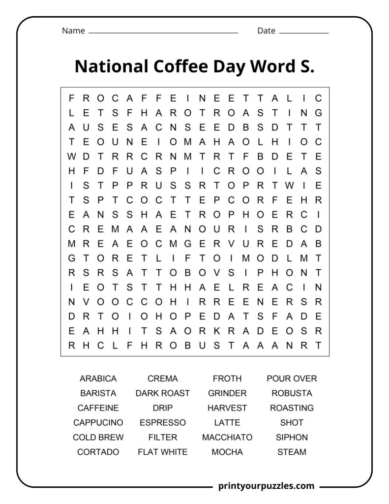 National Coffee Day Word Search | Print Your Puzzles