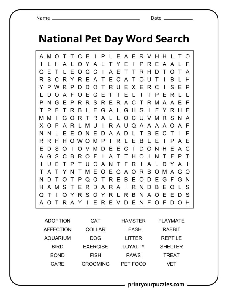 National Pet Day Word Search | Print Your Puzzles