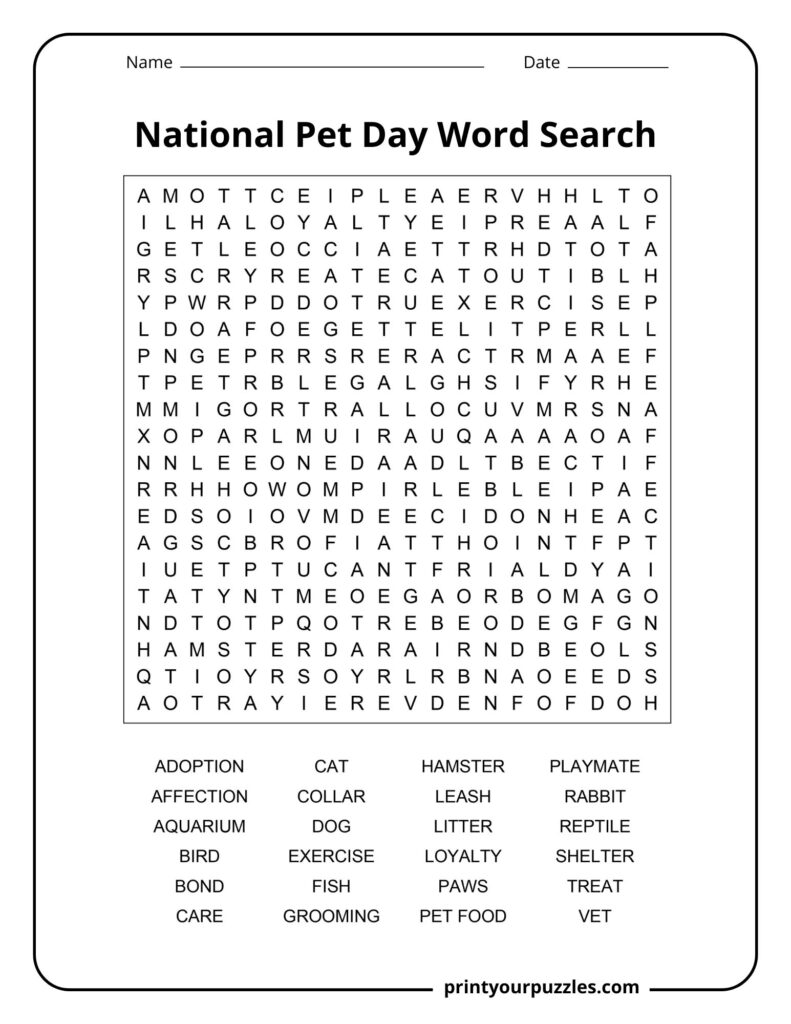 National Pet Day Word Search | Print Your Puzzles