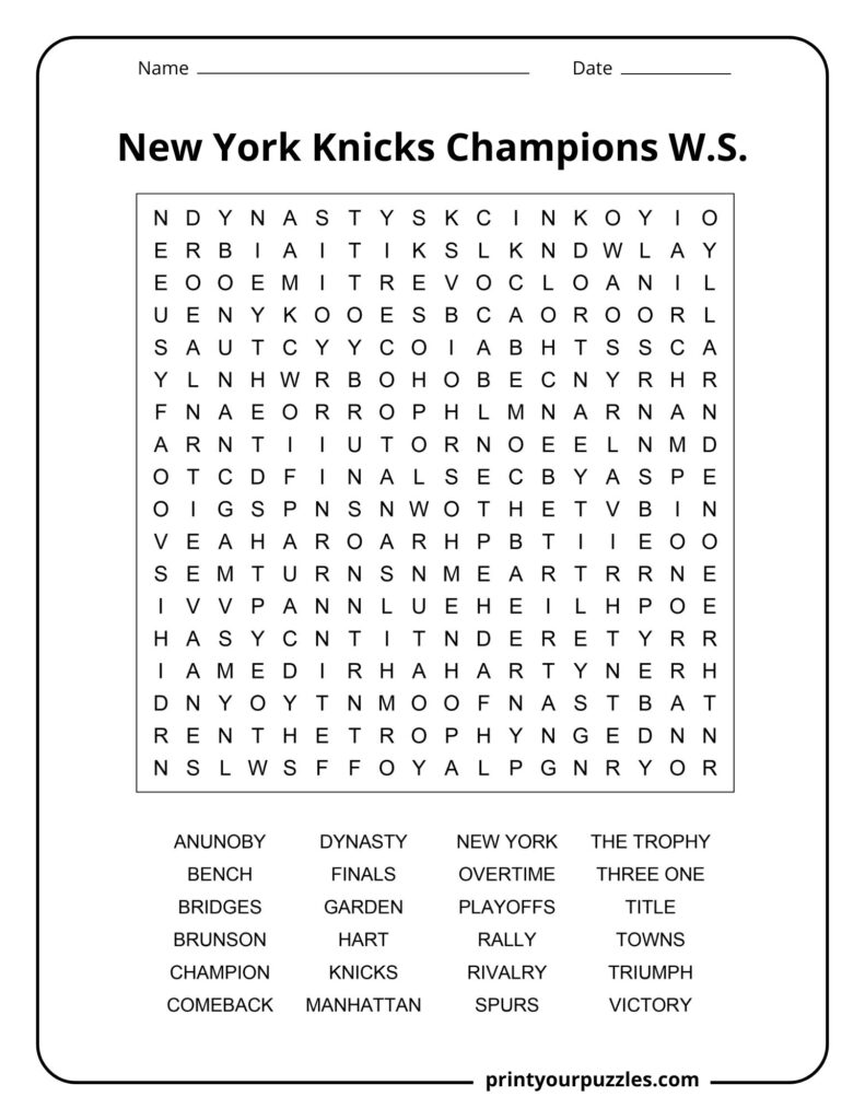 New York Knicks Champions Word Search | Print Your Puzzles